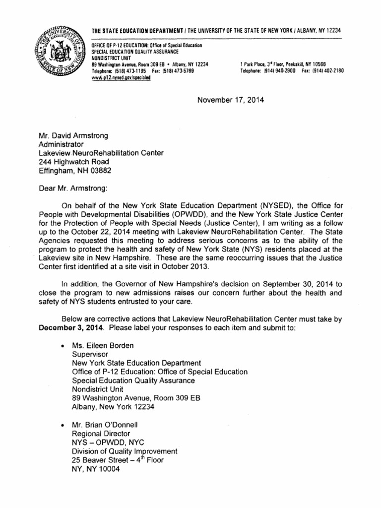 11-17-14 Letter From NY State Education Dept. To Lakeview | PDF ...