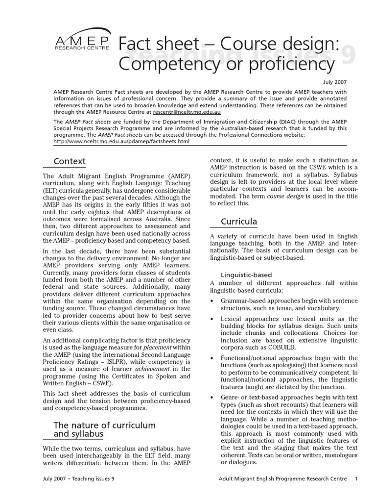 Fact Sheet-Course Design, Competency or Proficiency, AMEP Research ...