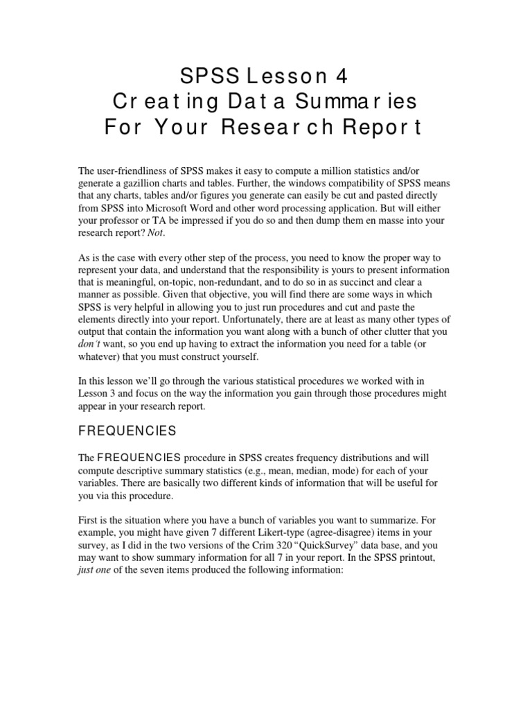 SPSS Lesson 4 Creating Data Summaries For Your Research Report | Spss ...