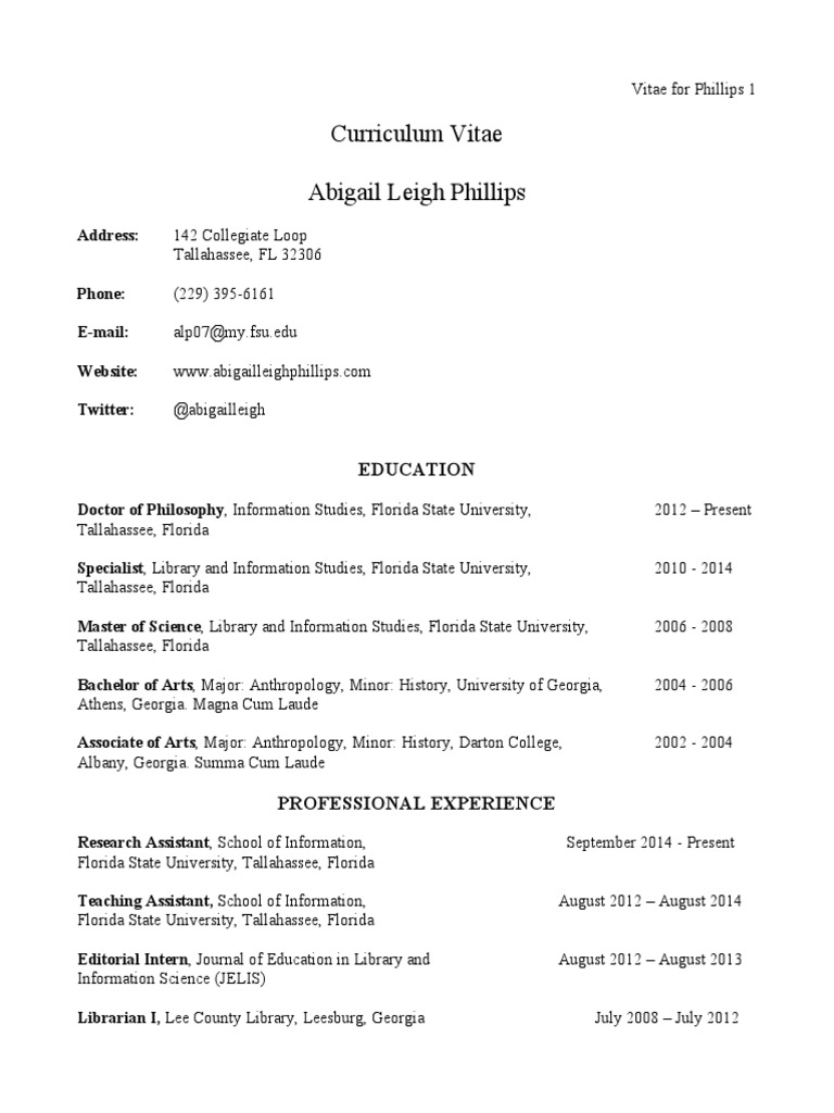 Curriculum Vitae Abigail Leigh Phillips: Education | PDF | Librarian | Library Science