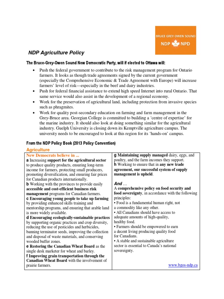 Policy NDP Agriculture 2015 | PDF | Agricultural Policy | Canada