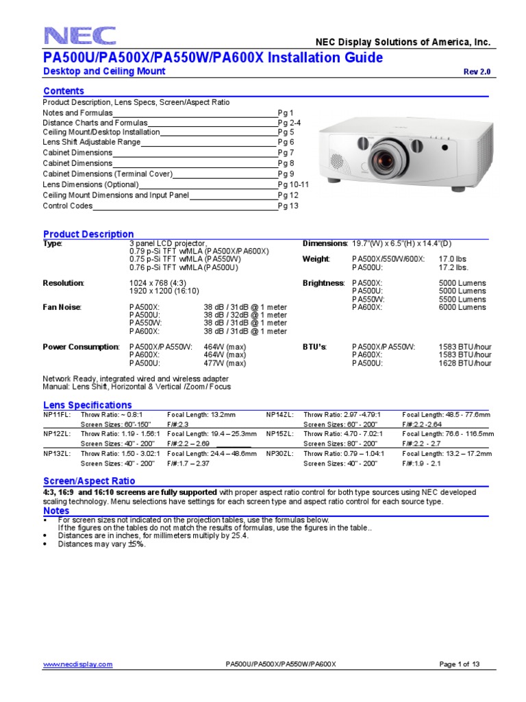 NEC PA500U/PA600X Installation Guide | PDF | Media Technology | Display ...