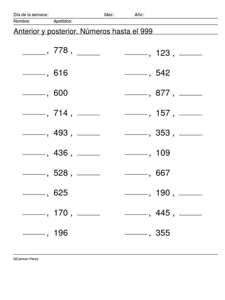 Números Anteriores y Posteriores hasta 999 | PDF | Deportes y ...