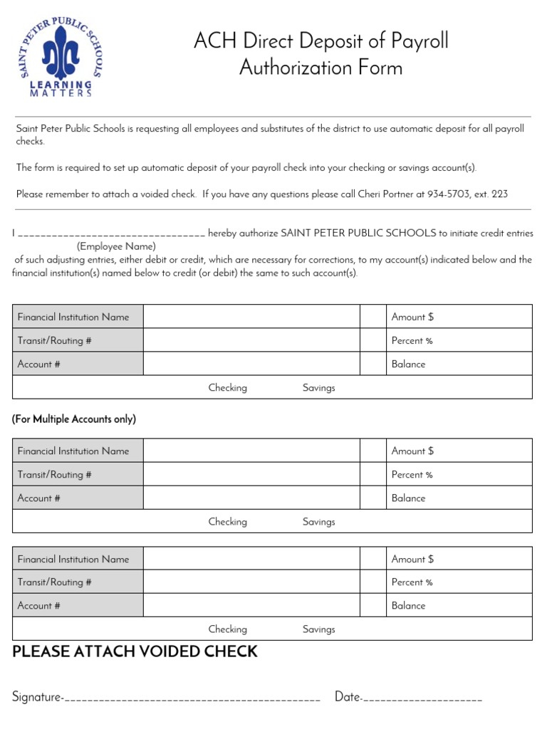 ACH Direct Deposit of Payroll Authorization Form: Please Attach Voided ...