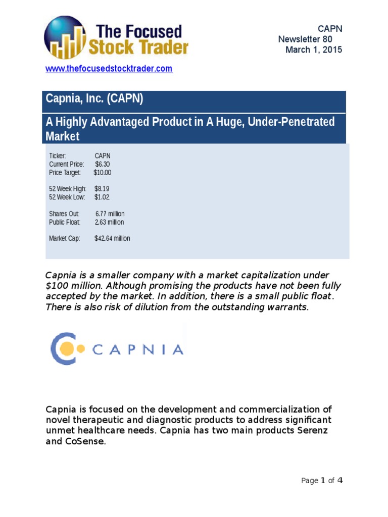 Capnia, Inc. (CAPN) A Highly Advantaged Product in A Huge, Under ...