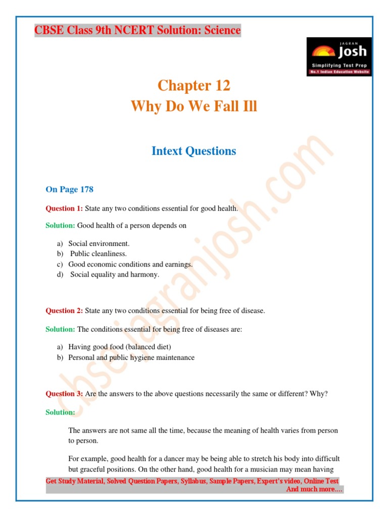 CBSE CBSE Class 9 NCERT Solution Science Why Do We Fall Ill | PDF ...