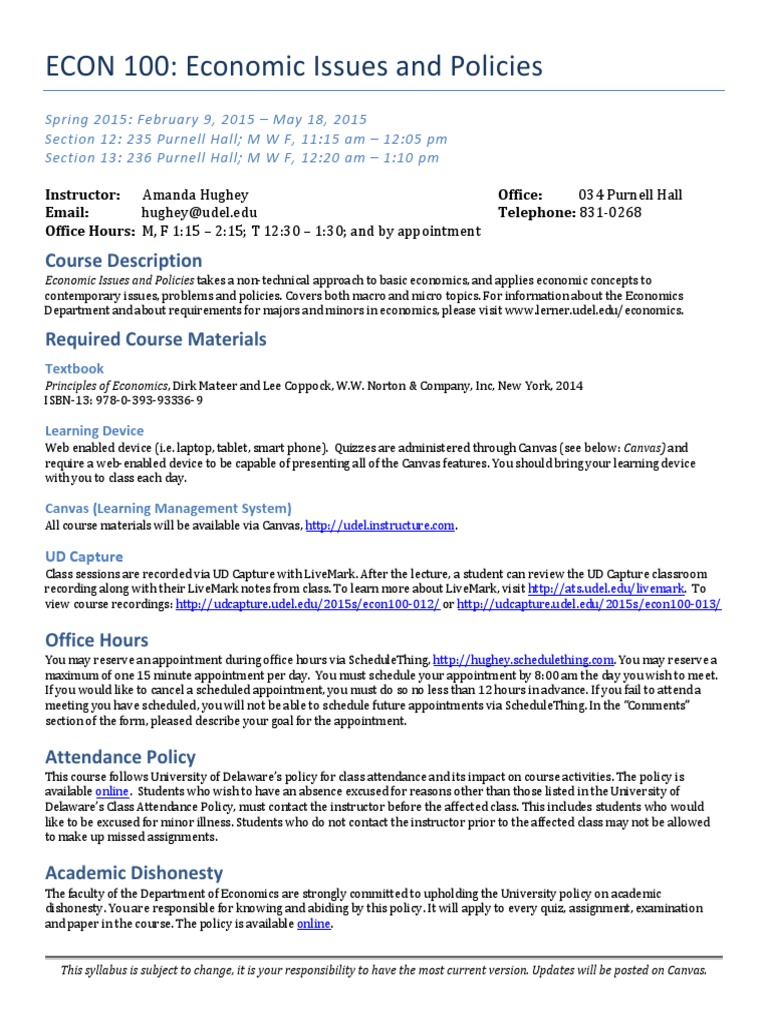 ECON 100 S15 Syllabus Abh | PDF | Economic Theories | Economics