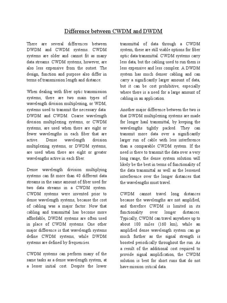 Difference Between CWDM and DWDM | PDF | Wavelength Division ...