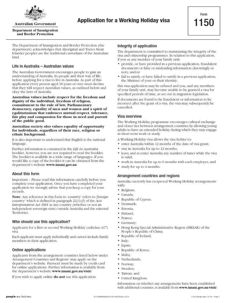 Australia Working Holiday Form | Download Free PDF | Travel Visa | Payments