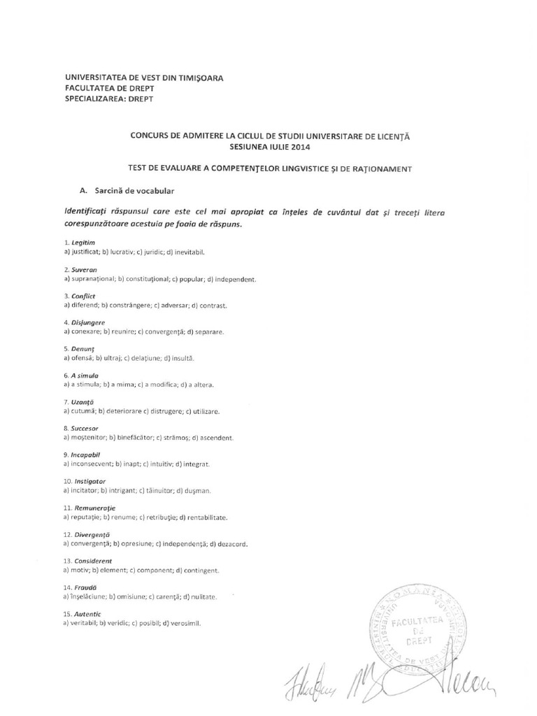 Test de Evaluare A Competentelor Lingvistice Si de Rationament | PDF