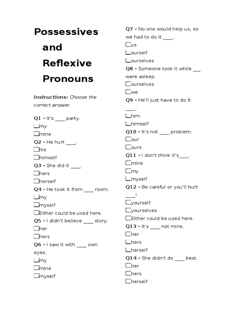 Possessives and Reflexive Pronouns Quiz | PDF | Self-Improvement