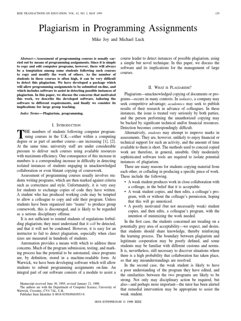 Joy and Luck - 1999 - Plagiarism in Programming Assignments | PDF | Parsing | Computer Programming
