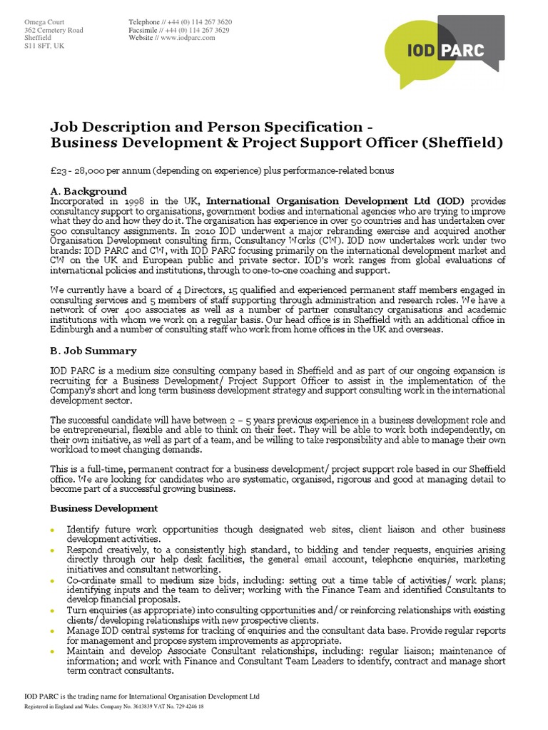 Job Description and Person Specification - Business Development ...