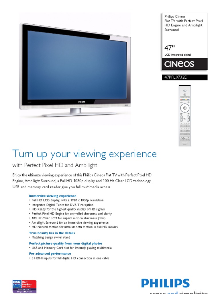 Philips Cineos Flat TV With Perfect Pixel | PDF | Hdmi | High ...