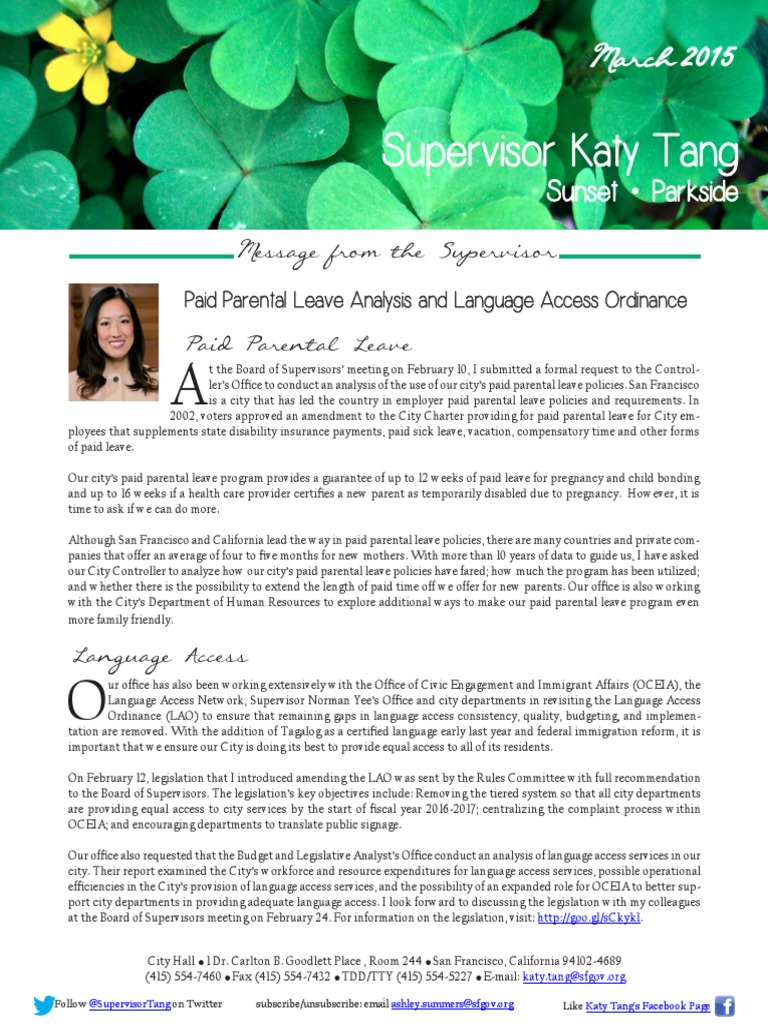 Supervisor Katy Tang: March 2015 | PDF | Parental Leave | San Francisco