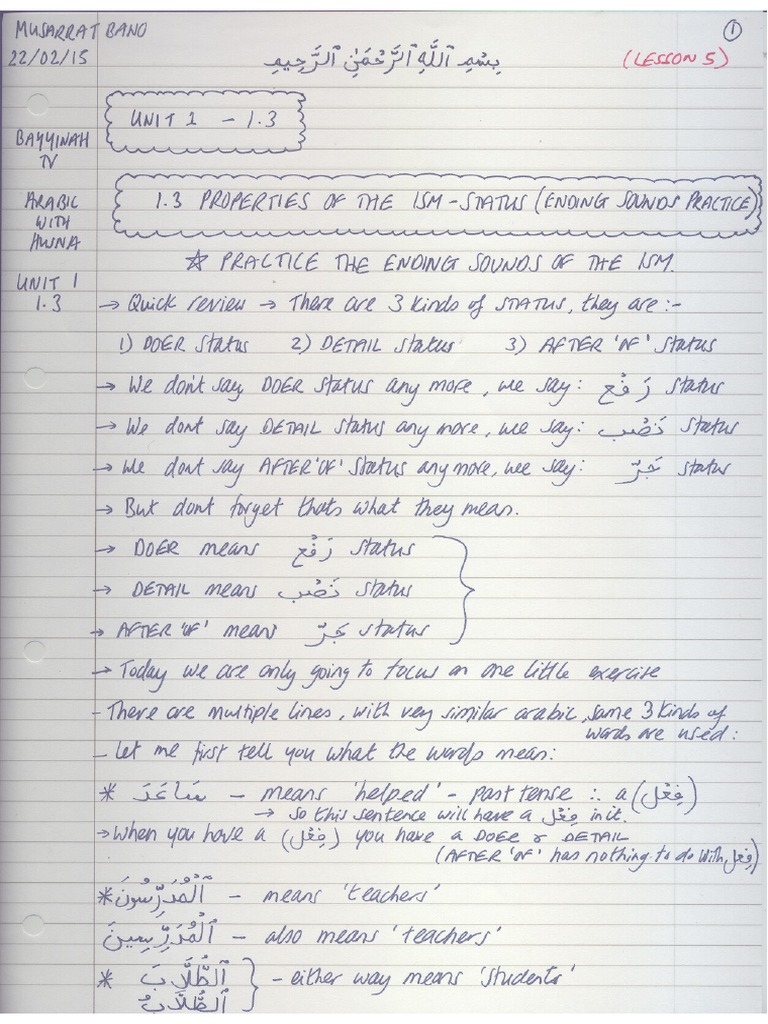 Arabic With Husna (Lesson 5) Unit 1 (1.3) Bayyinah TV Transcript Notes ...