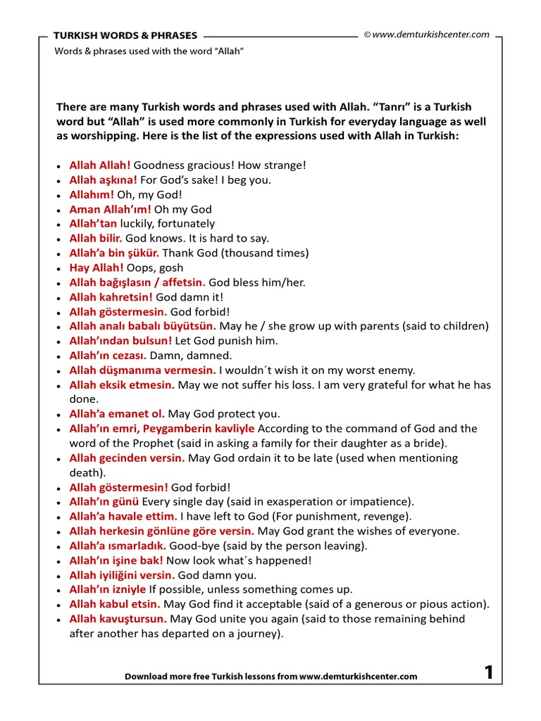 Learn Turkish Words and Phrases For Allah | PDF | Allah | Theology