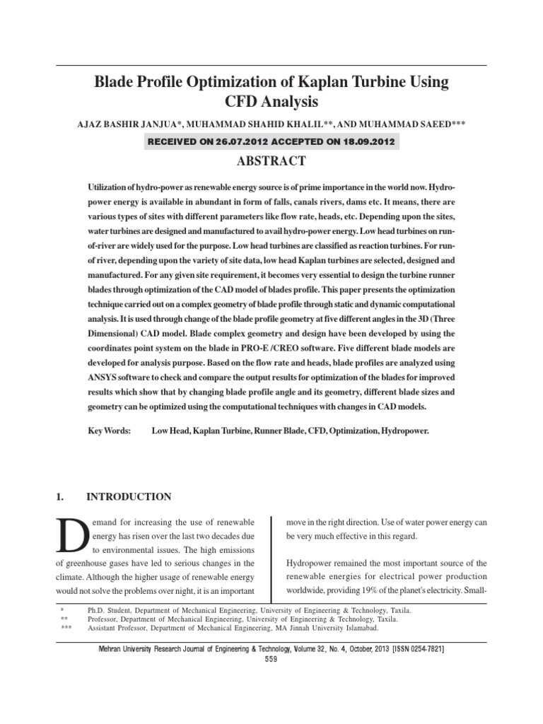 Blade Profile Optimization of Kaplan Turbine Using CFD Analysis | PDF ...