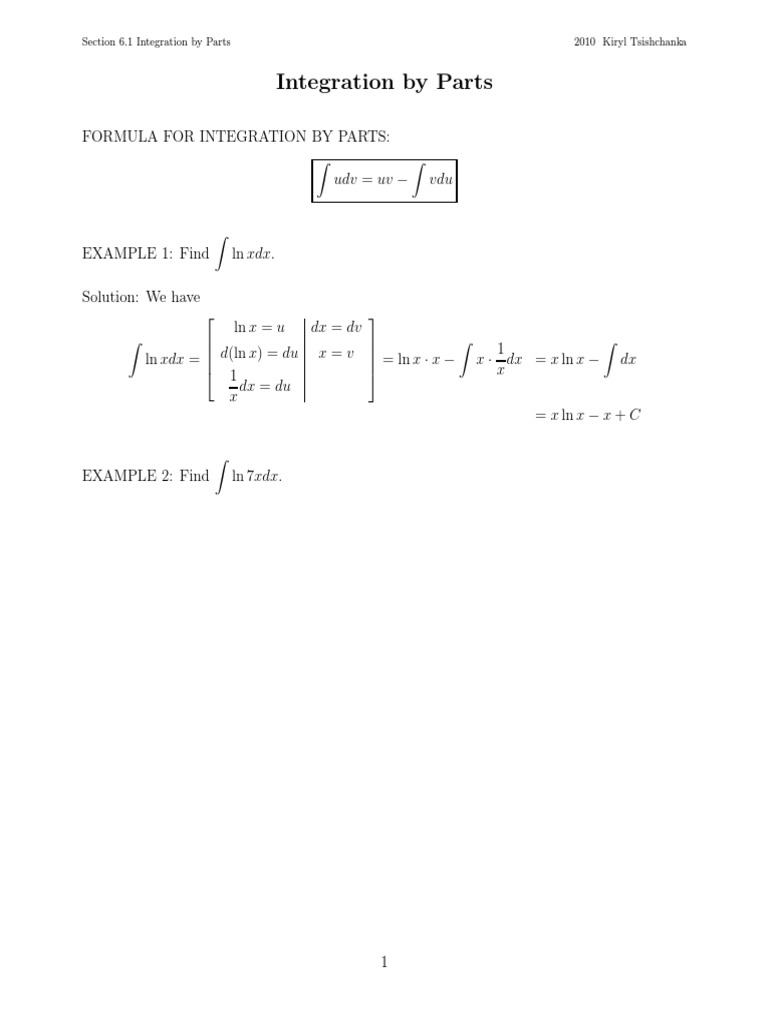 Formula For Integration by Parts: Udv Uv Z Vdu | PDF