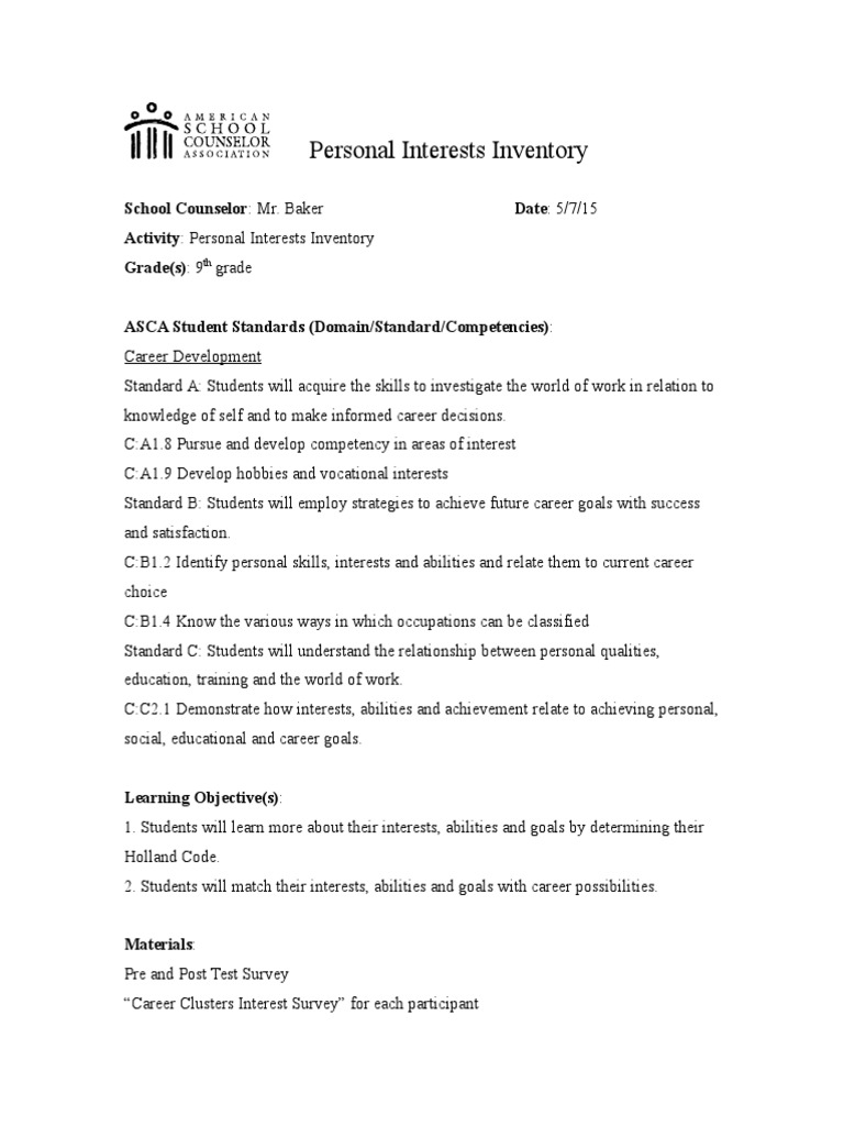 9th Grade Personal Interests Inventory | PDF | School Counselor ...