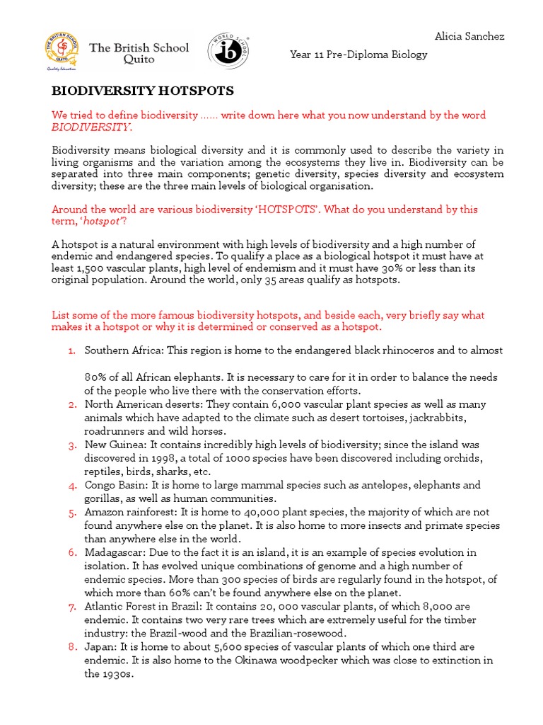 Hotspot Worksheet | PDF | Biodiversity | Conservation Biology
