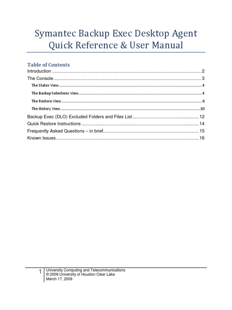 Symantec Backup Exec Desktop Agent Quick Reference & User Manual | PDF | Backup | Computer File