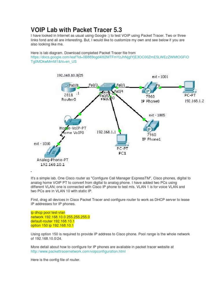 Voip Setup Guide For Packet Tracer Pdf Ip Address Voice Over Ip