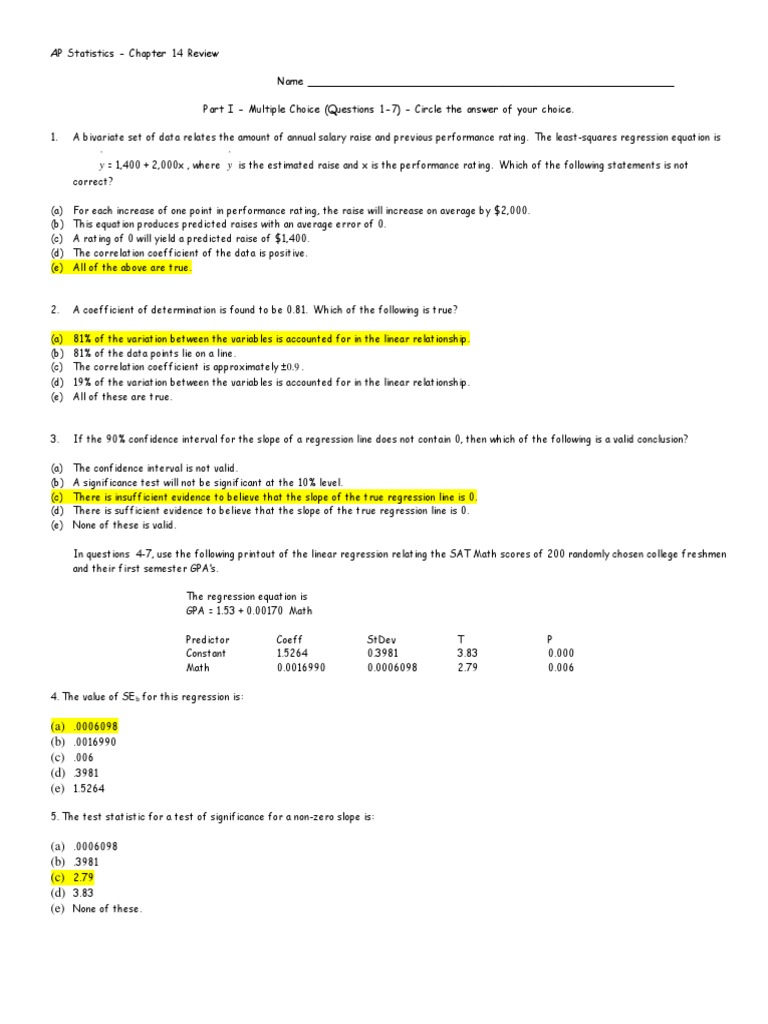 AP Statistics - Chapter 14 Review Name - Part I - Multiple Choice ...