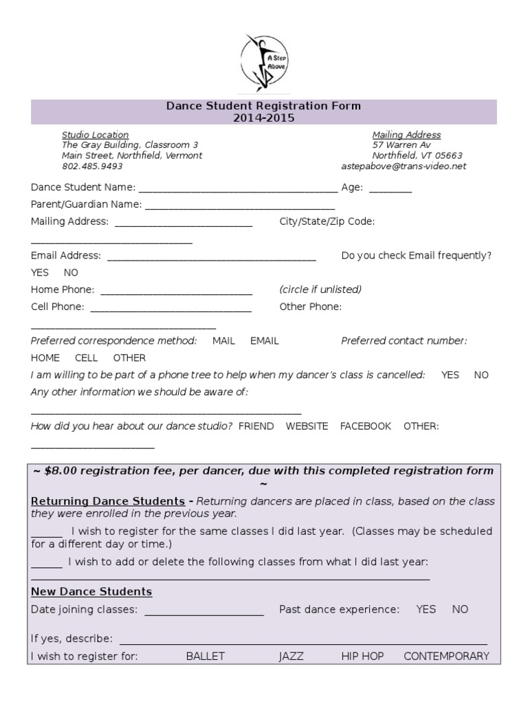 Dance Student Registration Form 2014-2015 | PDF | Career & Growth