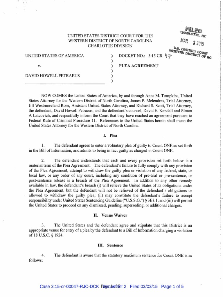 Petraeus Plea Agreement | PDF | Plea | United States Federal Sentencing ...