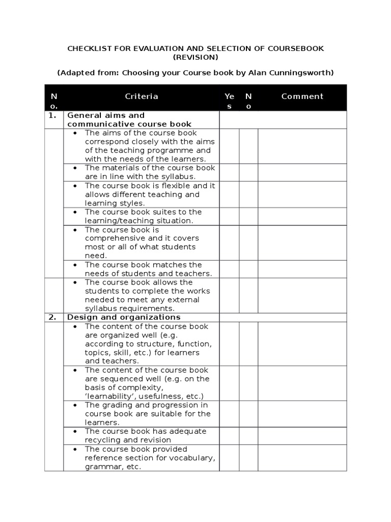 Checklist For Evaluation and Selection of Coursebook | PDF | Vocabulary ...