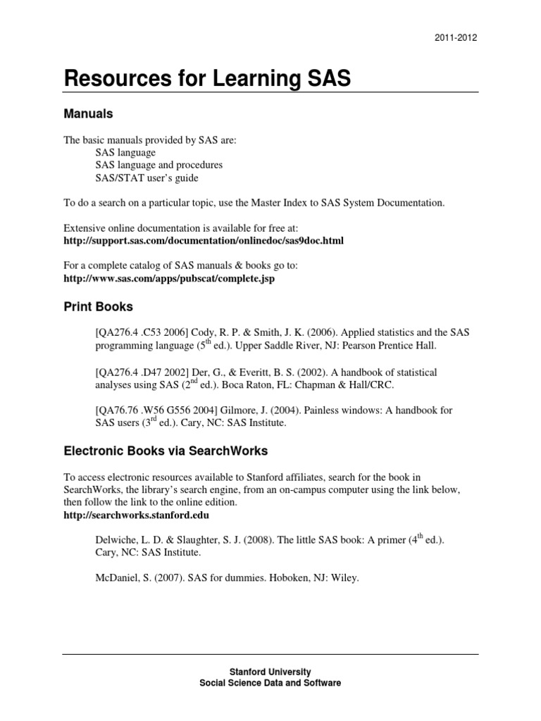 Resources For Learning SAS 2011 0 | PDF | Sas (Software) | Computing