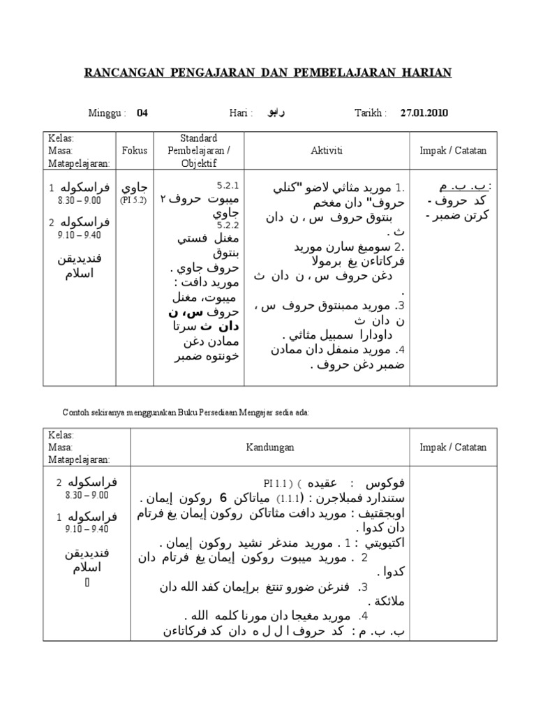 Contoh RPH Pendidikan Islam Prasekolah | PDF