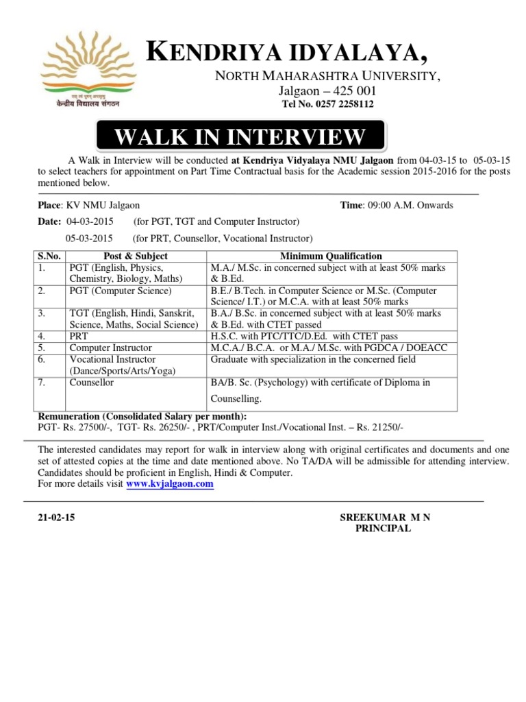 Walk in Interview: Endriya Idyalaya | PDF | Academic Degree ...