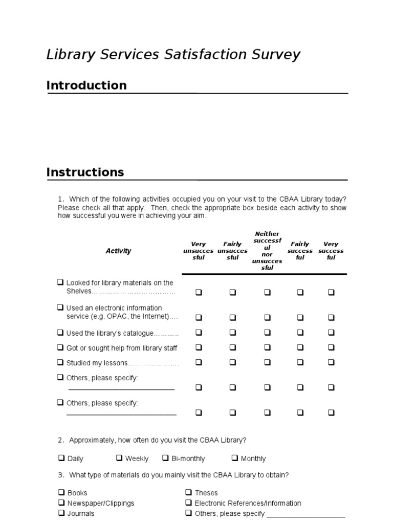 CBAA Library Satisfaction Survey | PDF | Librarian | Libraries