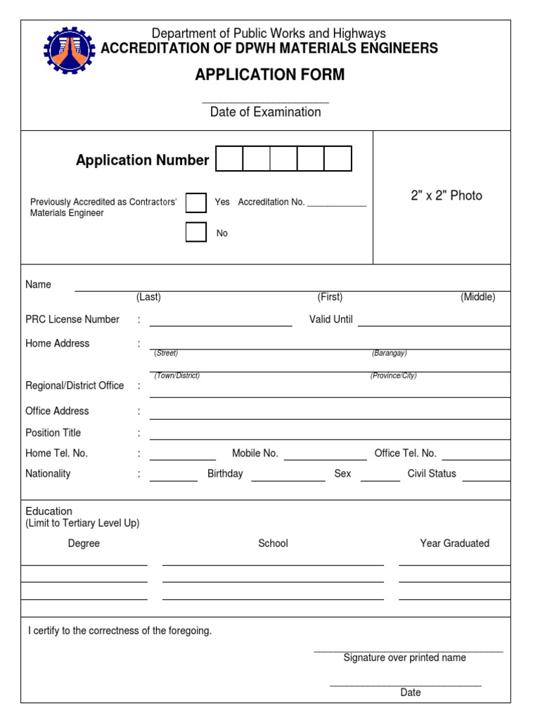DPWH Materials Engineers Accreditation Form | PDF