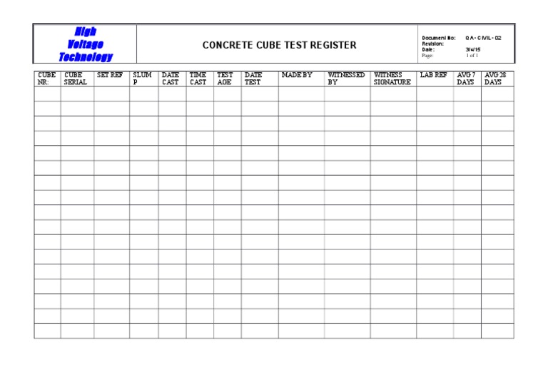 Concrete Cube Register | PDF