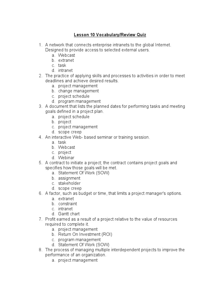 Lesson 10 Quiz | PDF | Project Management | Computer Network