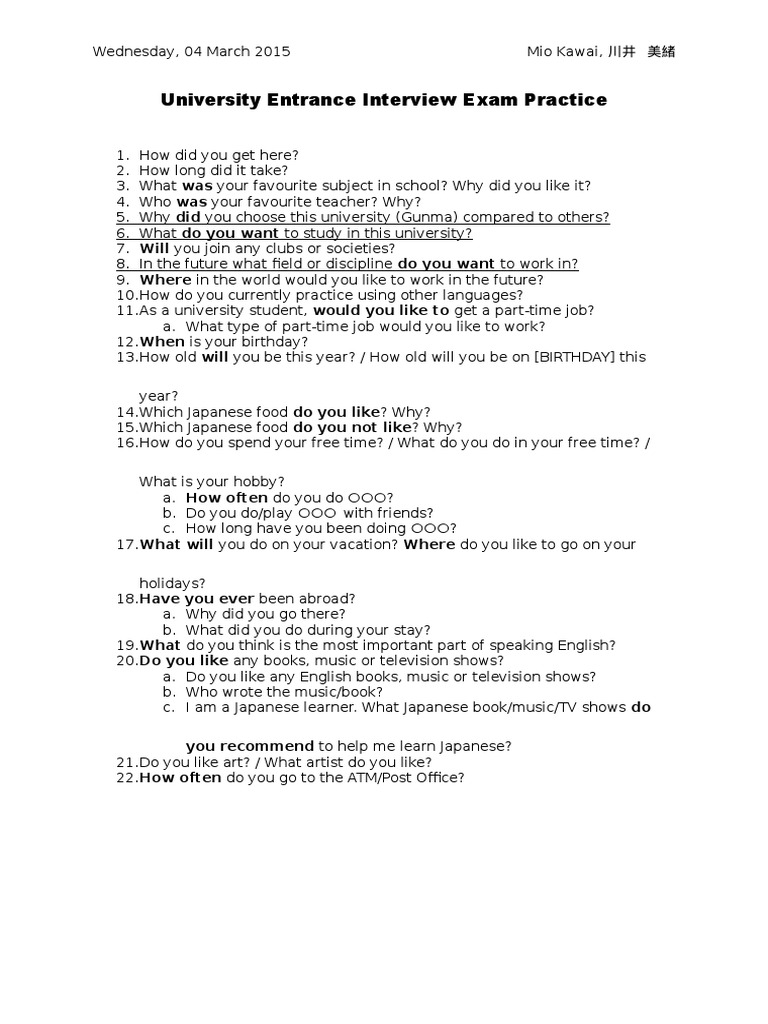 University Entrance Interview Questions | PDF | Behavior Modification ...