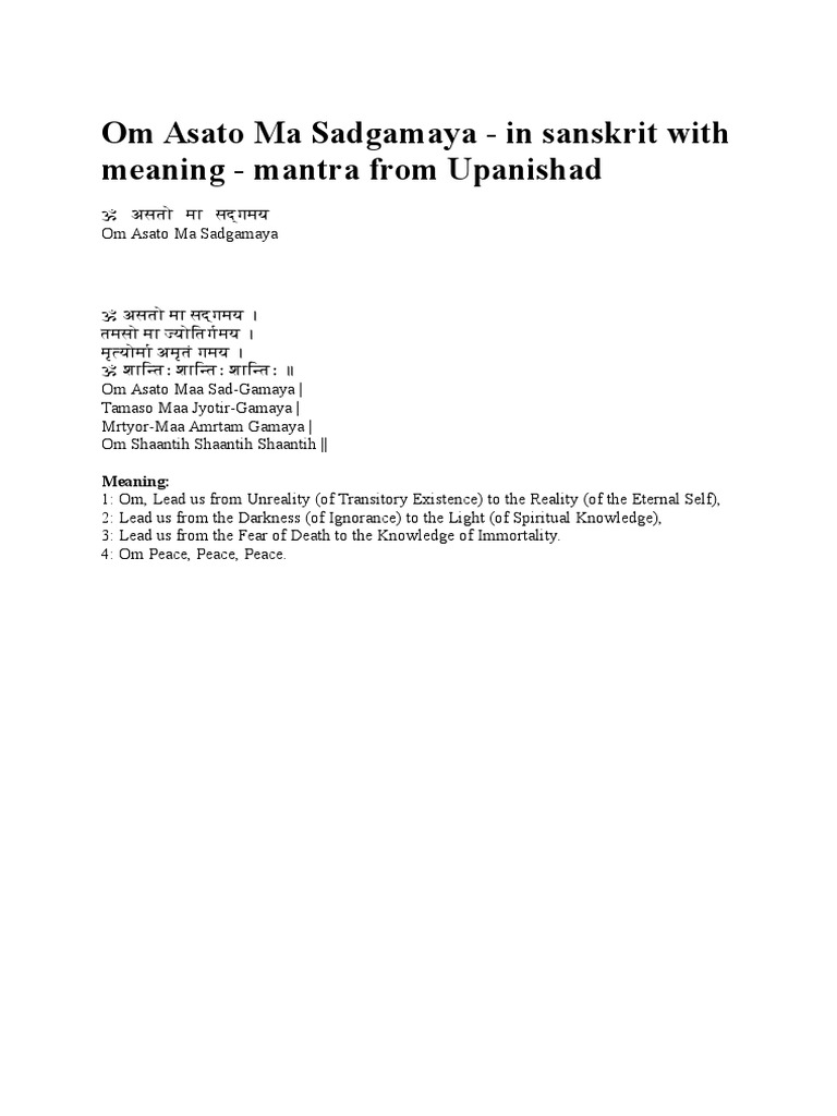 Om Asato Ma Sadgamaya - in Sanskrit With Meaning - Mantra From ...