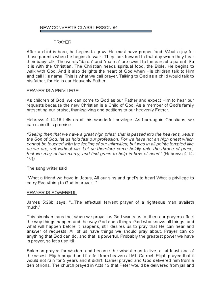 New Converts Class Lesson 4 (Prayer) | PDF | Confession (Religion) | Prayer