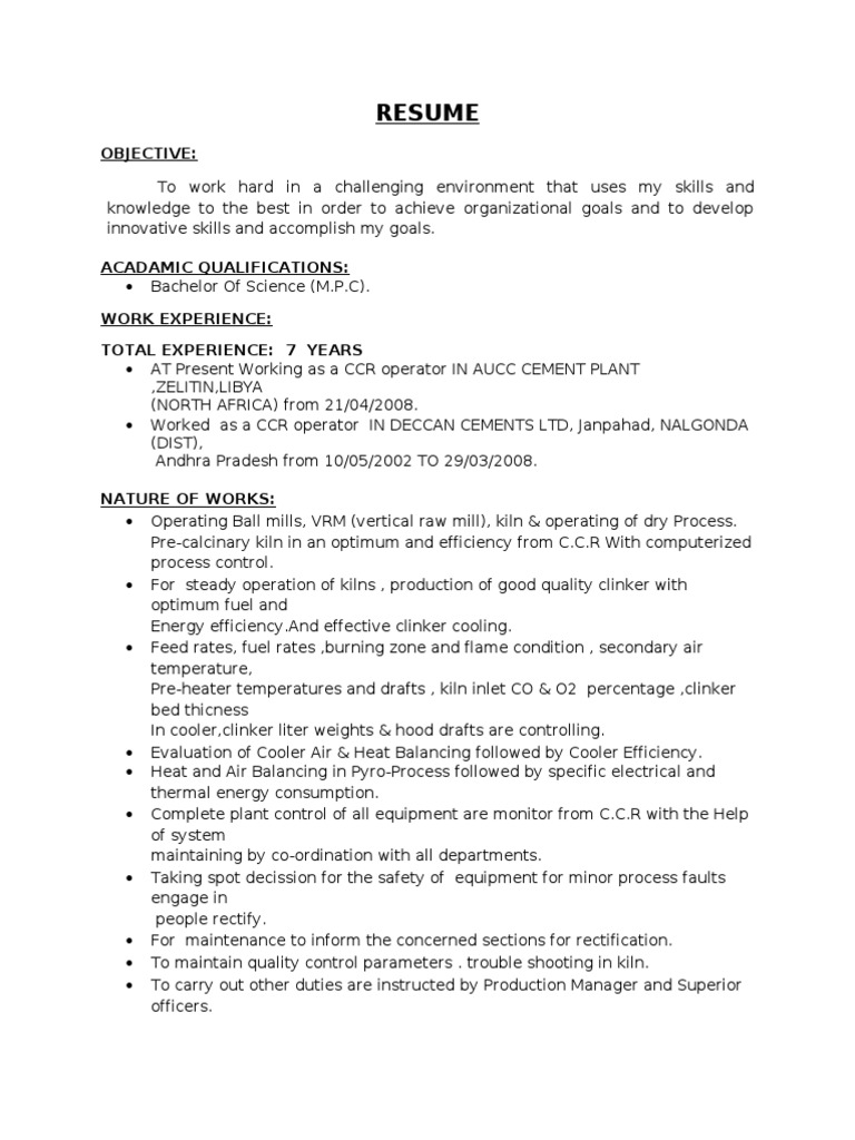 CCR Operator Resume for Cement Plant | PDF | Industrial Processes ...