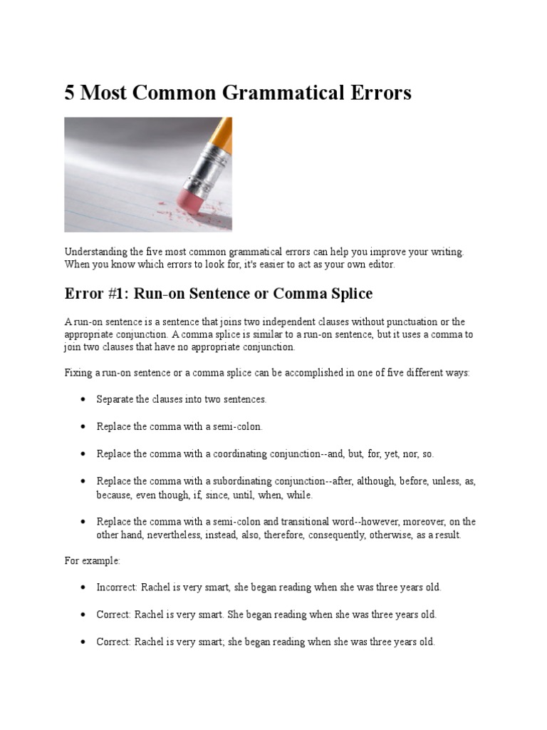 5 Most Common Grammatical Errors: Error #1: Run-On Sentence or Comma ...