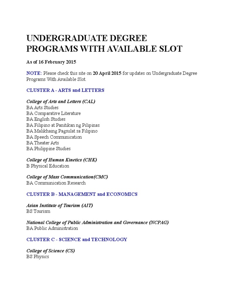 Undergraduate Degree Programs With Available SlotUndergraduate Degree ...