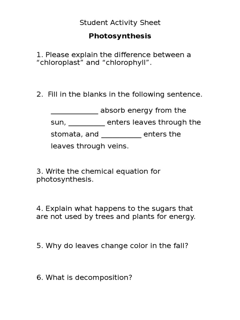 Photosynthesis Student Activity Sheet | PDF | Leaf | Photosynthesis