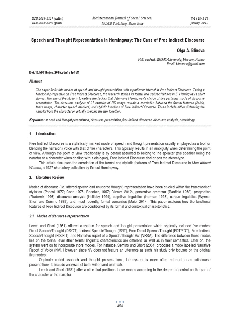 Speech and Thought Representation in Hemingway: The Case of Free ...