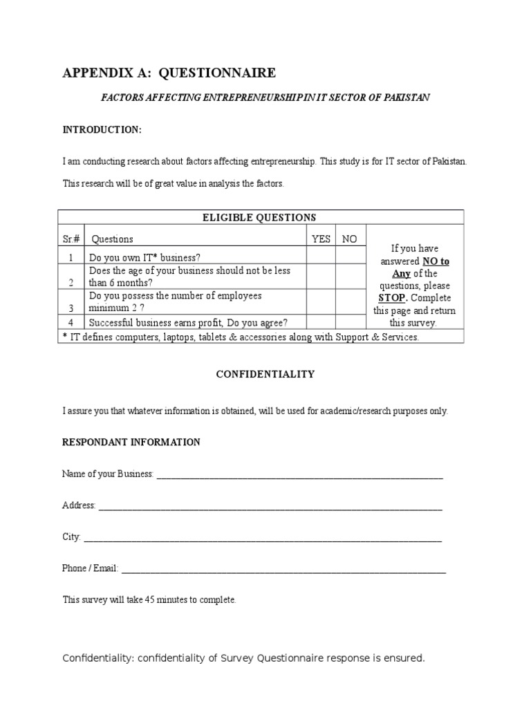 Questionnaire Factors Affecting Entrepreneurship in IT Sector of ...
