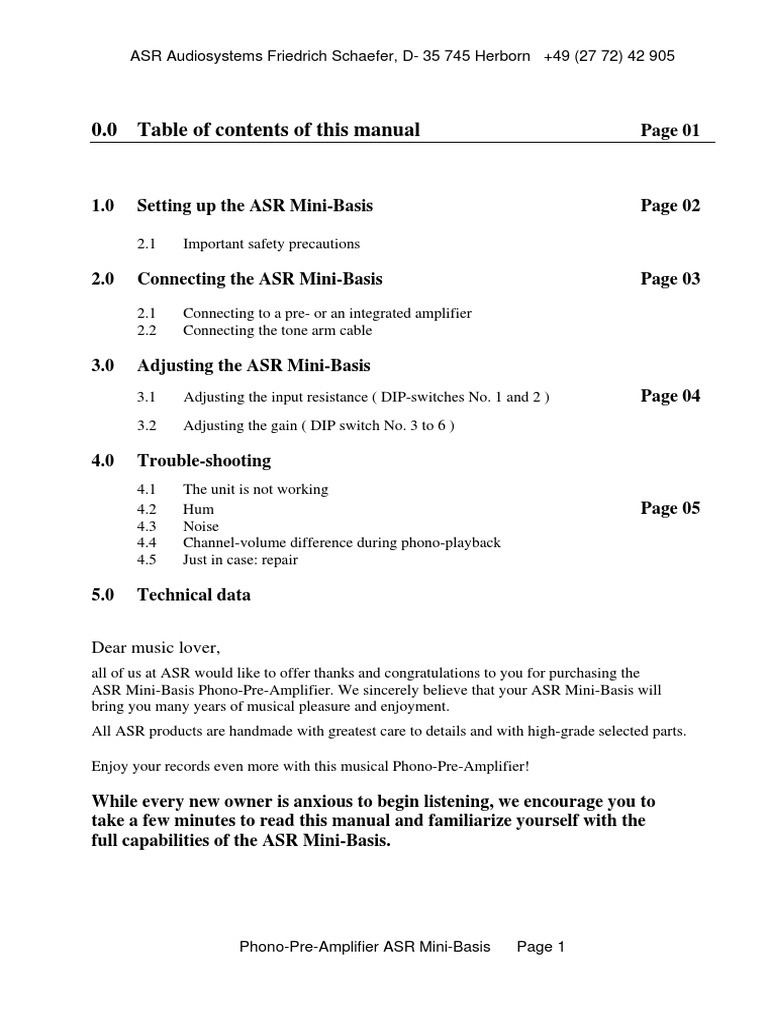 ASR Mini-Basis Phono Pre-Amplifier Guide | PDF | Electrical Equipment ...