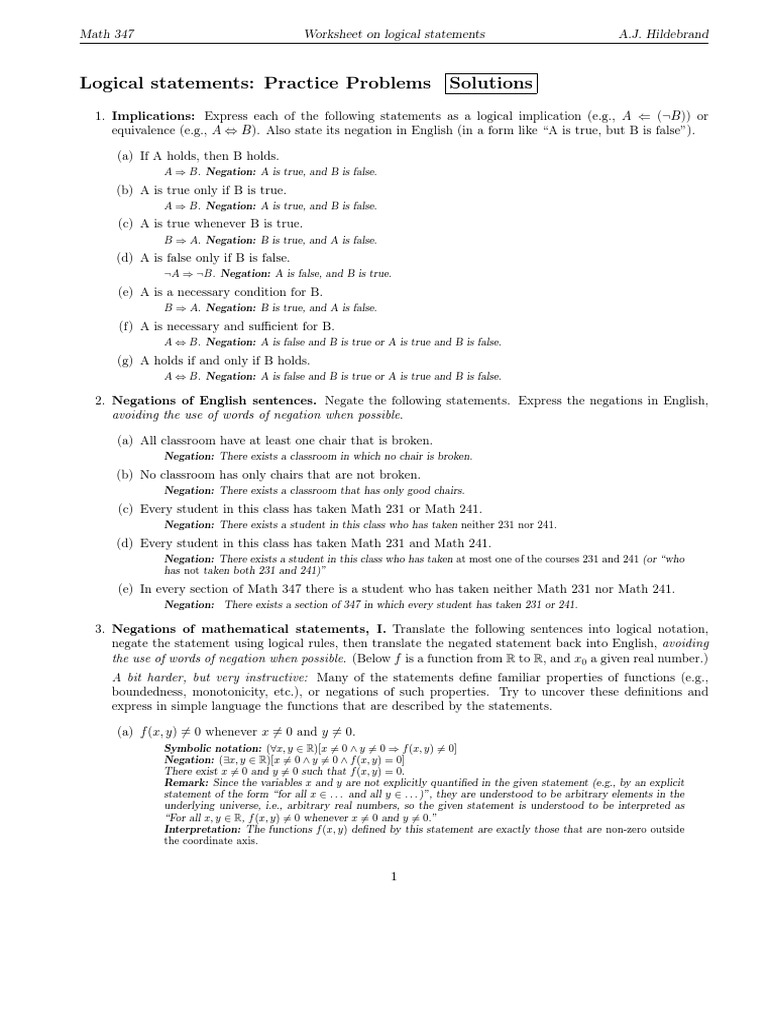 Logical Statements: Practice Problems Solutions | PDF | Interpretation ...