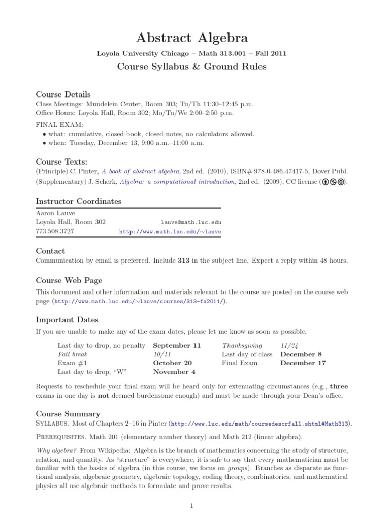 Abstract Algebra: Course Syllabus & Ground Rules | PDF | Algebra | Teaching Mathematics